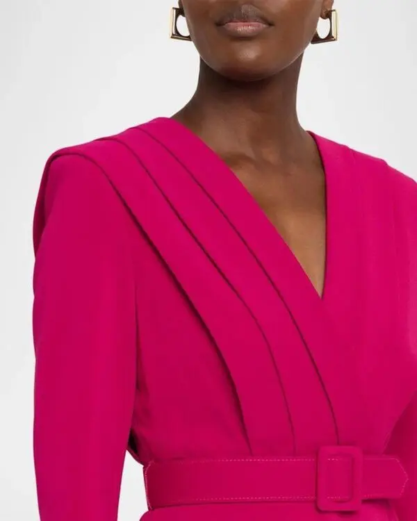 Badgley Mischka Stretch Crepe Belted V-neck Midi-dress