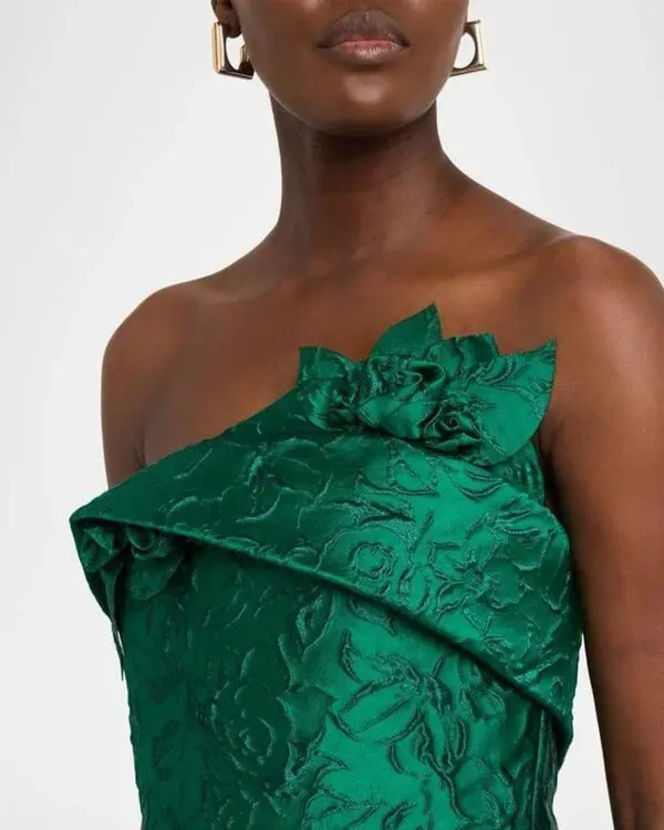 Badgley Mischka Strapless Floral Jacquard Trumpet Gown - Emerald
