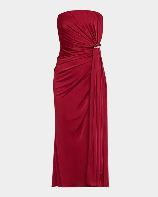 Halston Nadia Strapless Draped Jersey Midi Dress