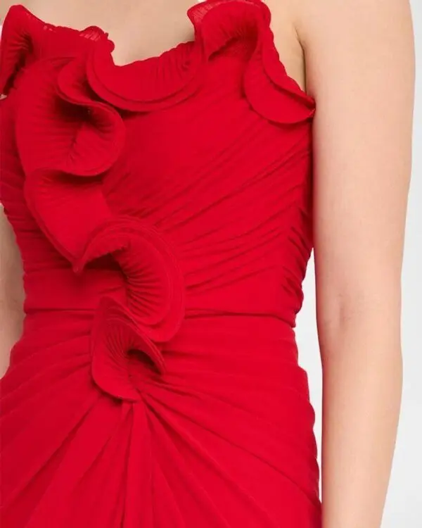 Badgley Mischka Pleated Ruffled Chiffon Column Gown