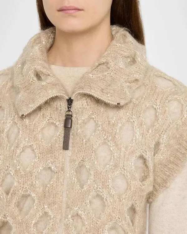 Brunello Cucinelli Turtleneck Paillette Mohair-blend Open Knit Zip Vest