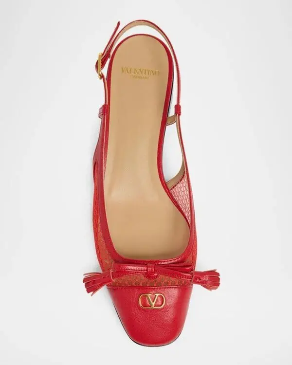 Valentino Garavani 25mm Vlogo Signature Valet Mesh And Leather Ballerina Flats - Red