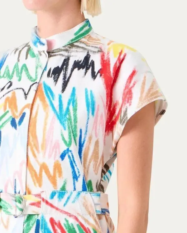 Akris Scribble Denim Cap-sleeve Belted Mini Shirtdress