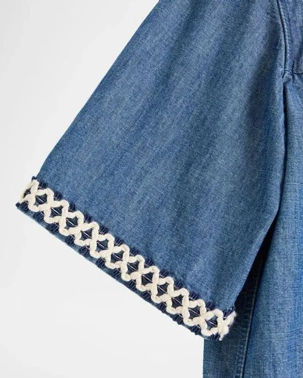 Valentino Garavani Apos;s Denim Embroidered-trim Short-sleeve Shirt - Medium Blu