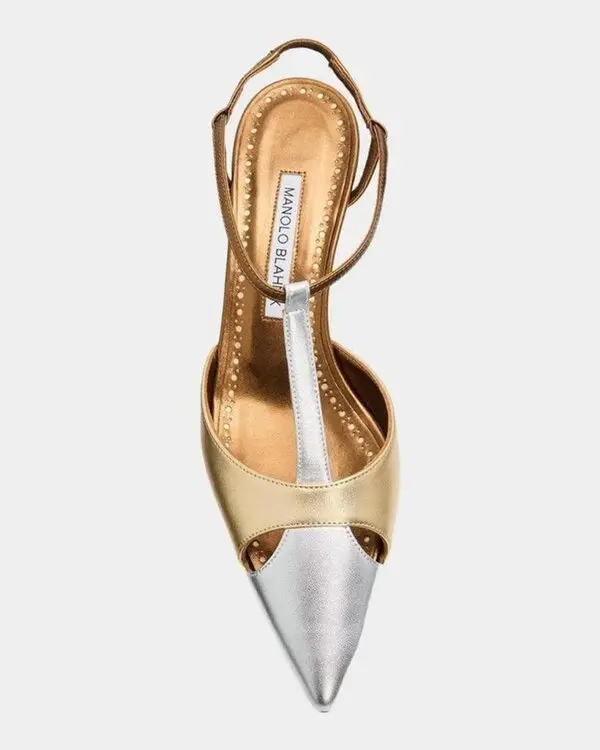 Manolo Blahnik 50mm Turgimod Metallic Leather T-strap Pumps