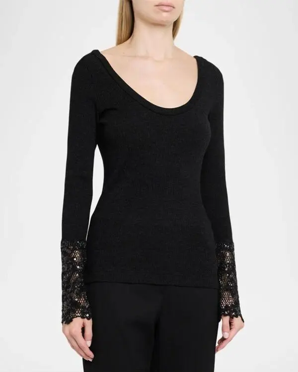 Brunello Cucinelli Shimmering Cuff Wool Jersey Long-sleeve Top