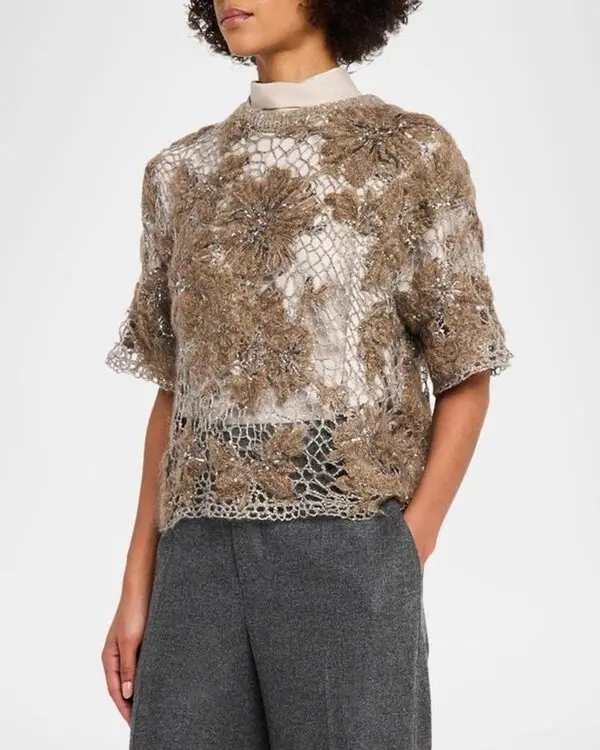 Brunello Cucinelli Mohair Diamante Floral Embroidered Mesh Sweater - C9176