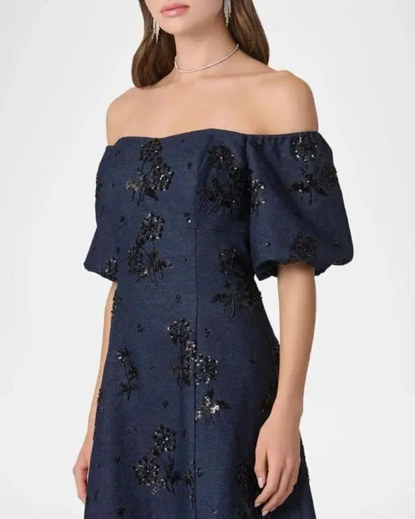 Shoshanna Mona Sequined Denim Off-the-shoulder Dress - Denim/jet