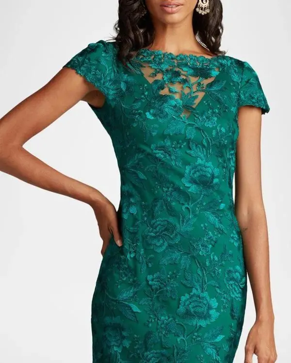 Tadashi Shoji Short-sleeve Embroidered Tulle Column Gown - Malachite