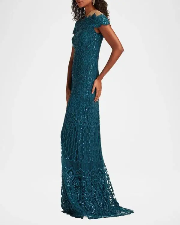 Tadashi Shoji Illusion Sequin Column Gown - Starry Night