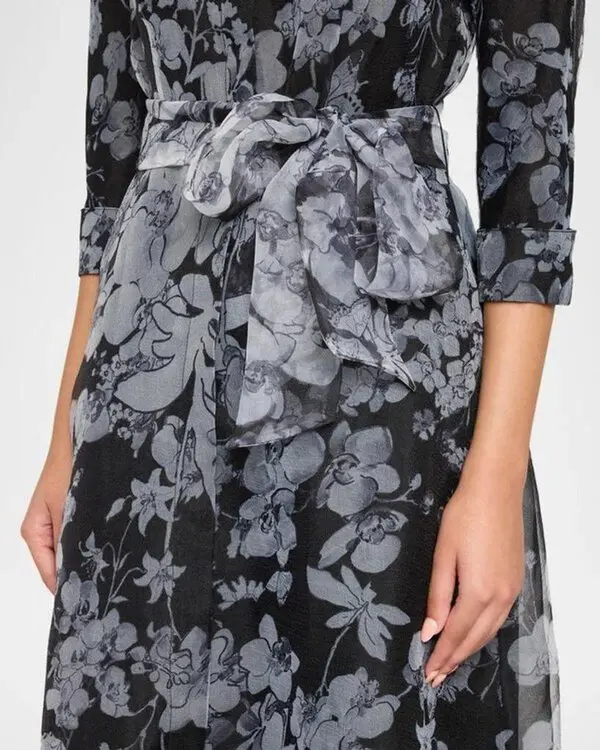 Rickie Freeman For Teri Jon Floral Organza Tie-waist Shirt Gown - Black/silver