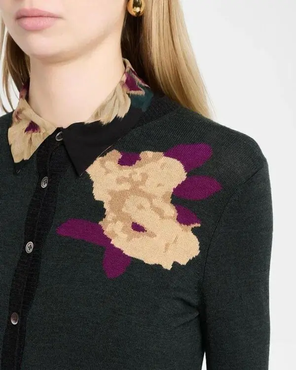 Rickie Freeman For Teri Jon Floral Intarsia Wool Knit Cardigan - Green Mult