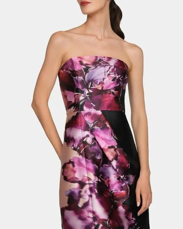 KAY UNGER Alana Floral Mikado Column Gown - Black Multi