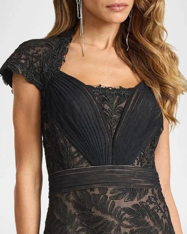 Tadashi Shoji Pleated Mesh & Textured Lace Midi Dress - Black/nude