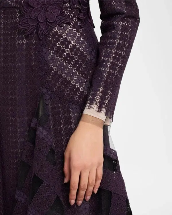 Bibhu Mohapatra Flocked Floral Lace Long-sleeve Godet Gown - Plum