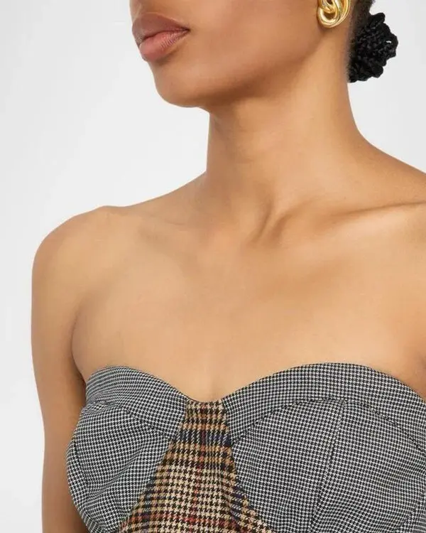 Ramy Brook Bailey Plaid Combo Strapless Crop Top