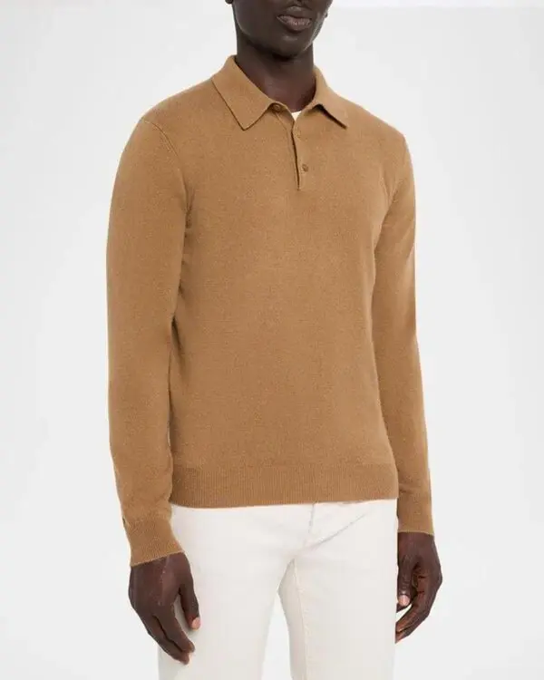Neiman Marcus Apos;s Cashmere Melange Polo Sweater - Biscotti