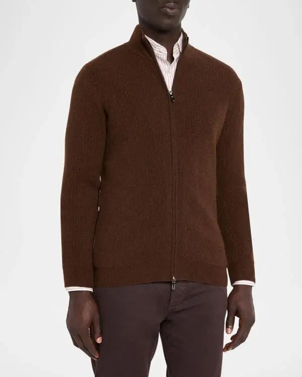 Neiman Marcus Apos;s Cashmere Rib-knit Mock Neck Full-zip Sweater - Umber