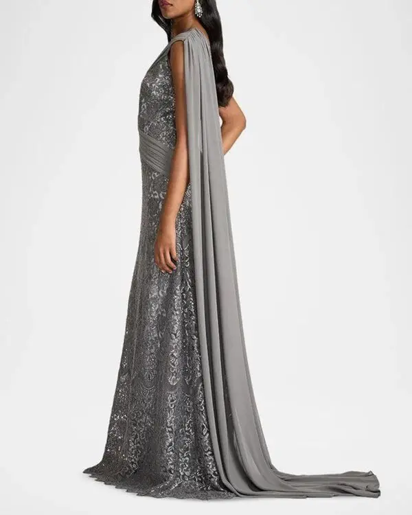 Tadashi Shoji Draped One-shoulder Sequin Gown - Mist