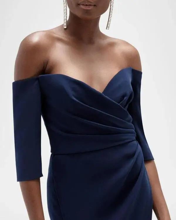 Amsale Stretch Crepe Off-the-shoulder Gown - Navy