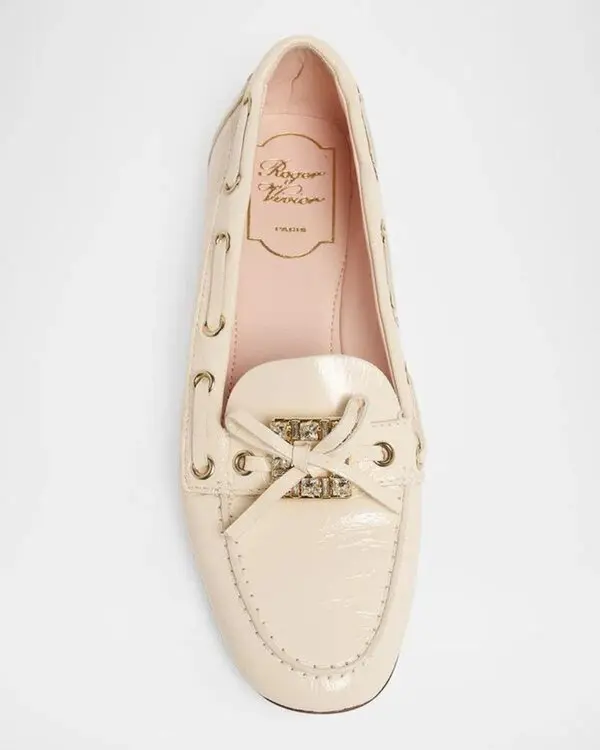 ROGER VIVIER Roundytoe Strass Leather Boat Loafers
