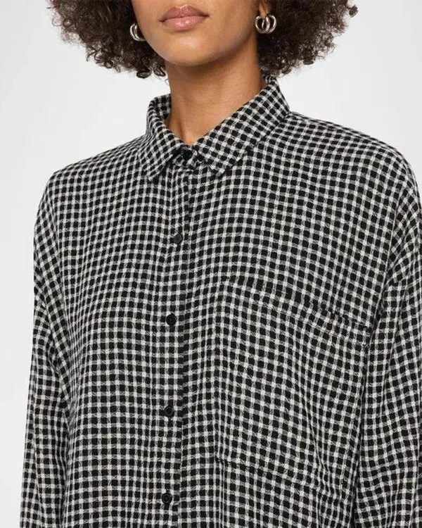 Eileen Fisher Crinkled Wool-cotton Grid Shirt - Black