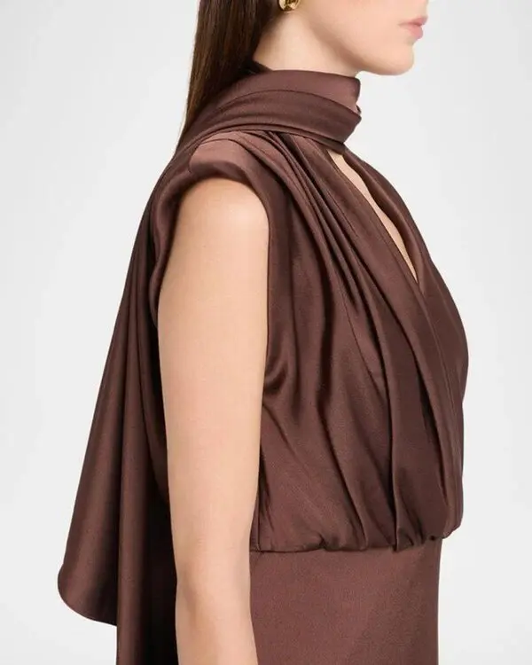 Aidan Mattox Draped Crepe Back Satin Midi Sheath Dress - Espresso