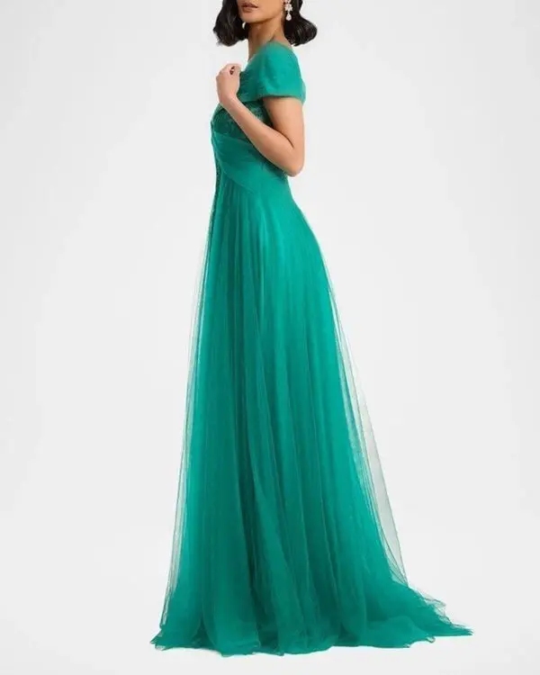Tadashi Shoji Parello Embroidered Off-shoulder Tulle Gown - Emerald