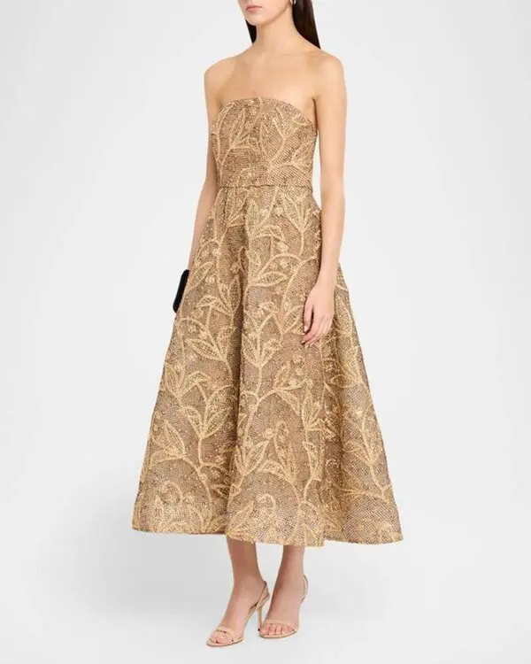 MILLY Petunia Strapless Embroidered Metallic Midi Dress - Gold Multi
