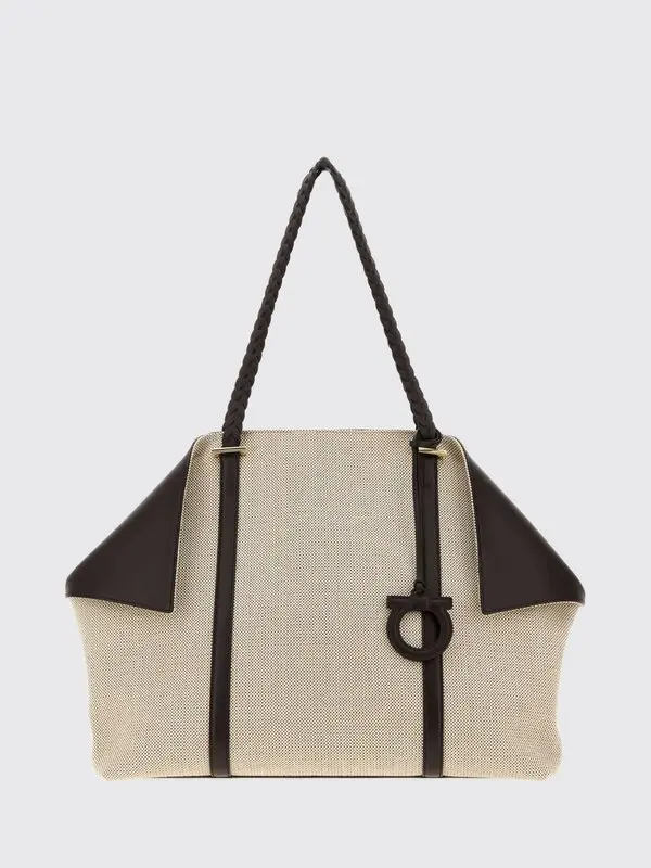 FERRAGAMO Scarf Gancini Logo Canvas And Leather Tote Bag - Dark
