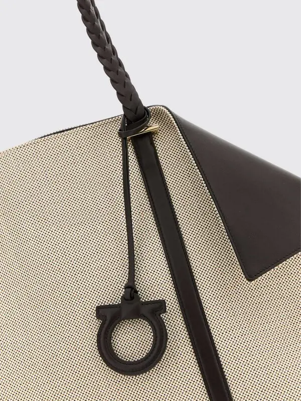 FERRAGAMO Scarf Gancini Logo Canvas And Leather Tote Bag