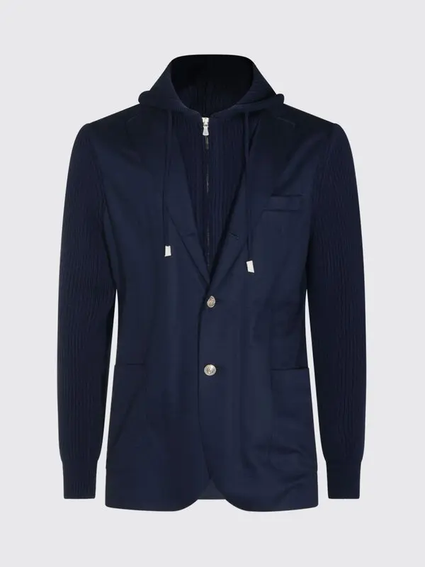 Eleventy Hooded Knit Wool Blazer With Notch Lapels - Navy