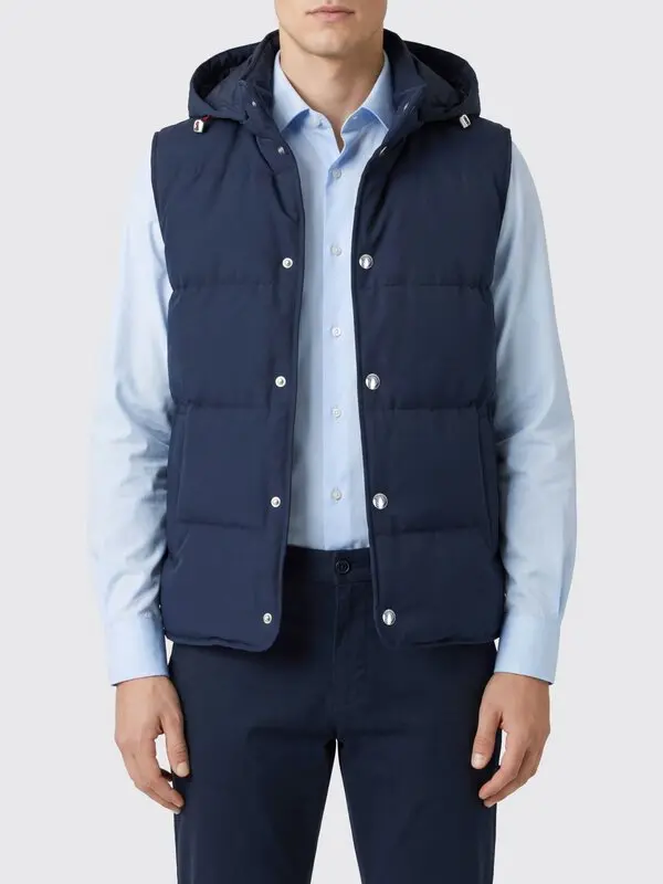 Eleventy Quilted Gilet In A Wool Blend With A Hood And Contrast Logo - Blue