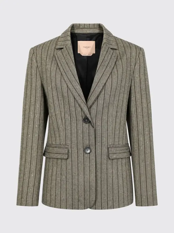 TWINSET Pinstriped Cropped Blazer In Cotton Blend With Sequins