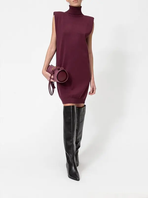 TWINSET Sleeveless Knit Turtleneck Mini Dress With Padded Shoulders - Wine