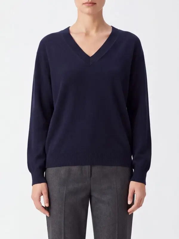 Malo Pure Cashmere V-neck Jumper With Dropped Shoulders And Ribbed Trims - Blue