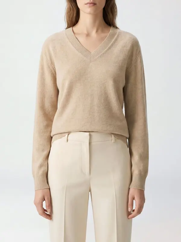 Malo Pure Cashmere V-neck Jumper With Dropped Shoulders And Ribbed Trims - Sand