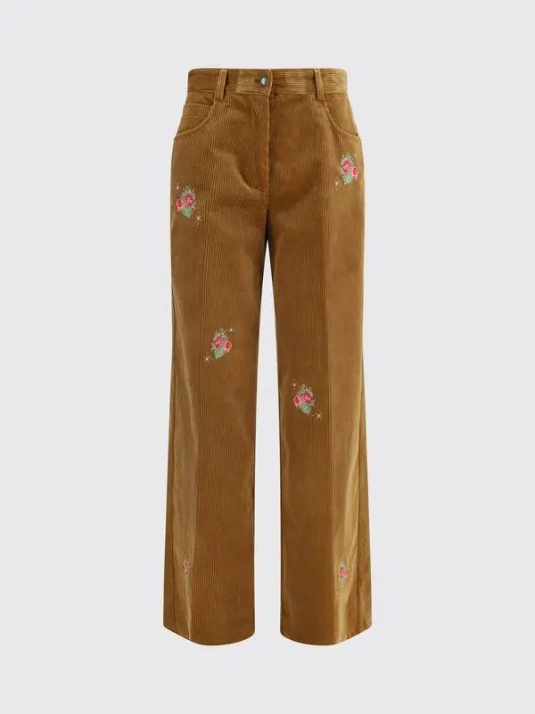 FORTE_FORTE High-waisted Wide Leg Embroidered Cotton Velvet Trousers - Camel