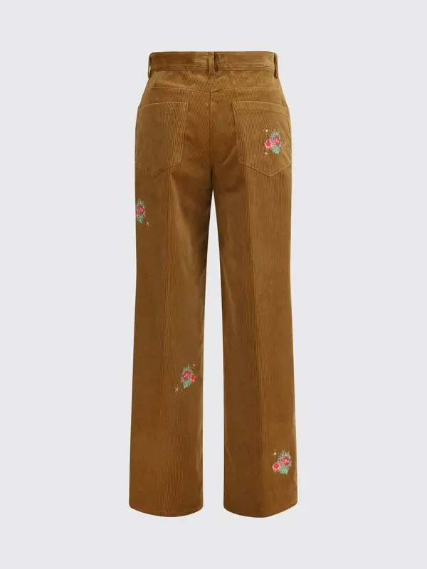 FORTE_FORTE High-waisted Wide Leg Embroidered Cotton Velvet Trousers - Camel