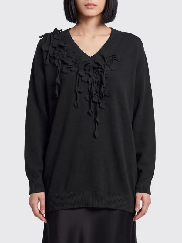 Alberta Ferretti V-neck Wool Knit Mini Dress With Flower Appliqu