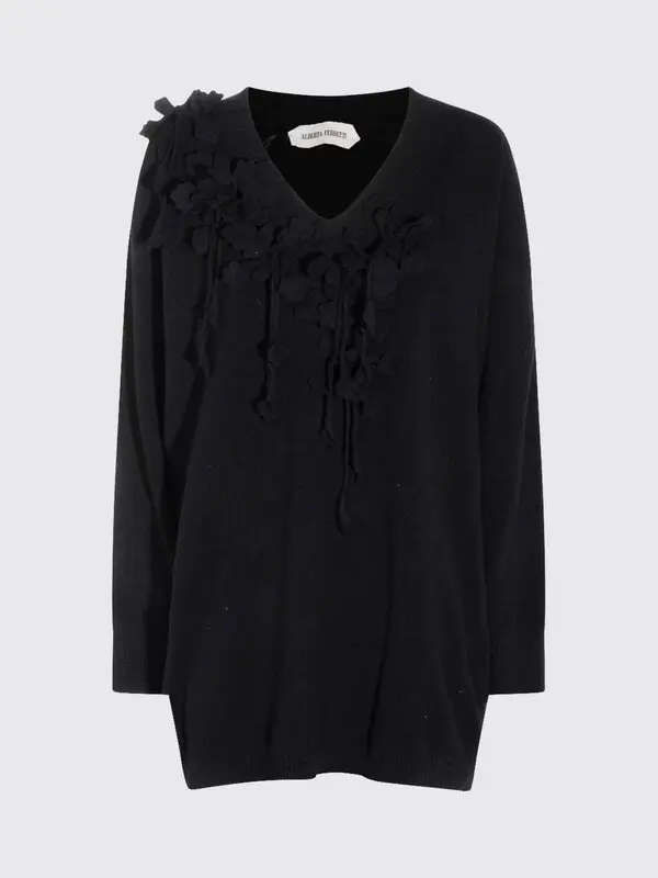 Alberta Ferretti V-neck Wool Knit Mini Dress With Flower Appliqu