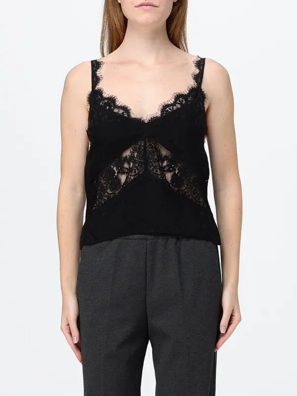 Pinko Satin Evening Top With Lace Inserts And V-neck