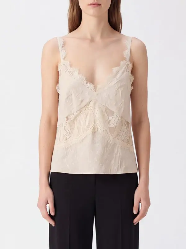 Pinko Satin Evening Top With Lace Inserts And V-neck - Grey