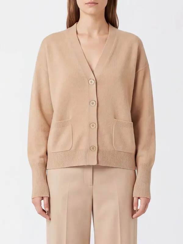 SEMICOUTURE Esther Wool Cardigan With V-neck And Patch Pockets - Nude