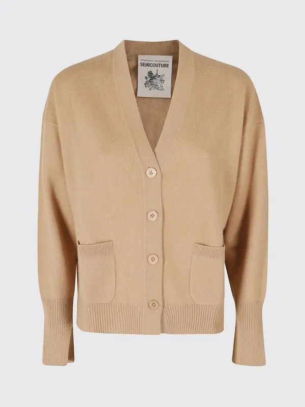 SEMICOUTURE Esther Wool Cardigan With V-neck And Patch Pockets - Nude