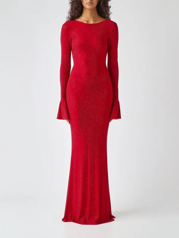 TWENTY FOURHAITCH Long Sheath Evening Gown In Jersey With Rhinestones And Flared Cuffs - Red