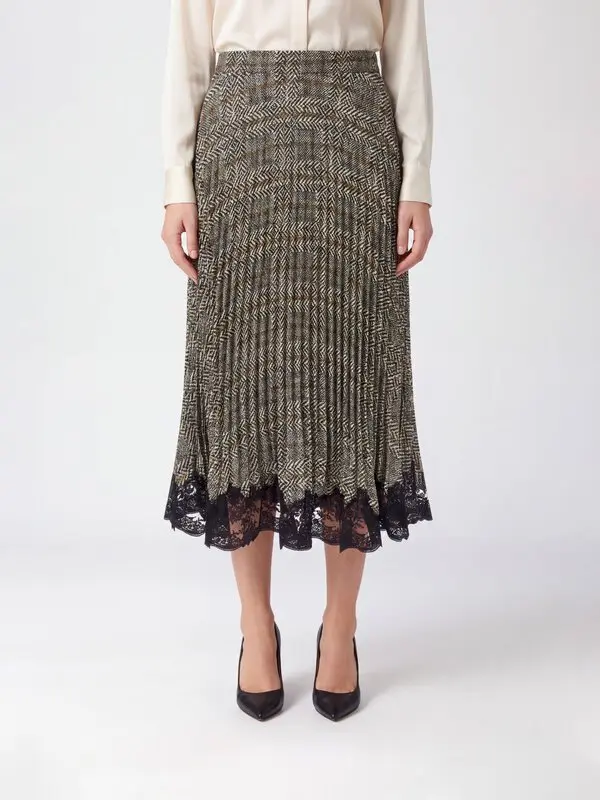 Ermanno Scervino Check Crêpe Pleated Midi Skirt With Lace Inserts