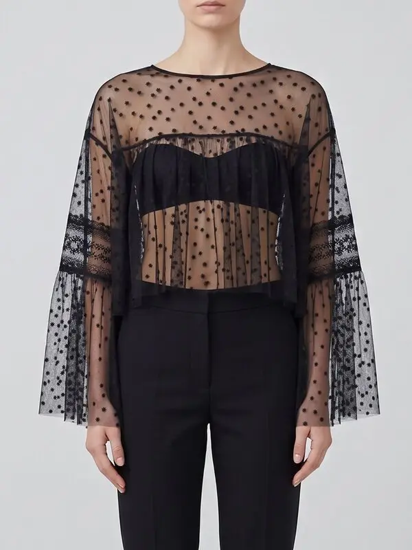Alberta Ferretti Asymmetrical Polka-dot Tulle Evening Top With Long Sleeves