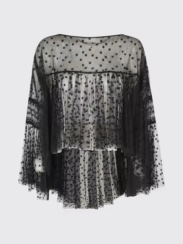 Alberta Ferretti Asymmetrical Polka-dot Tulle Evening Top With Long Sleeves