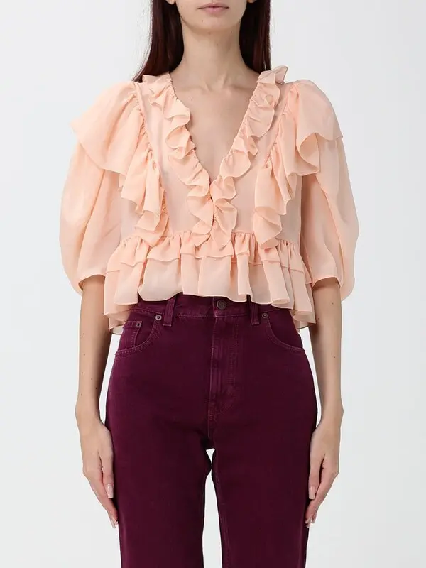 Chloé Embroidered Silk Cropped Blouse With Puff Sleeves And Ruffles